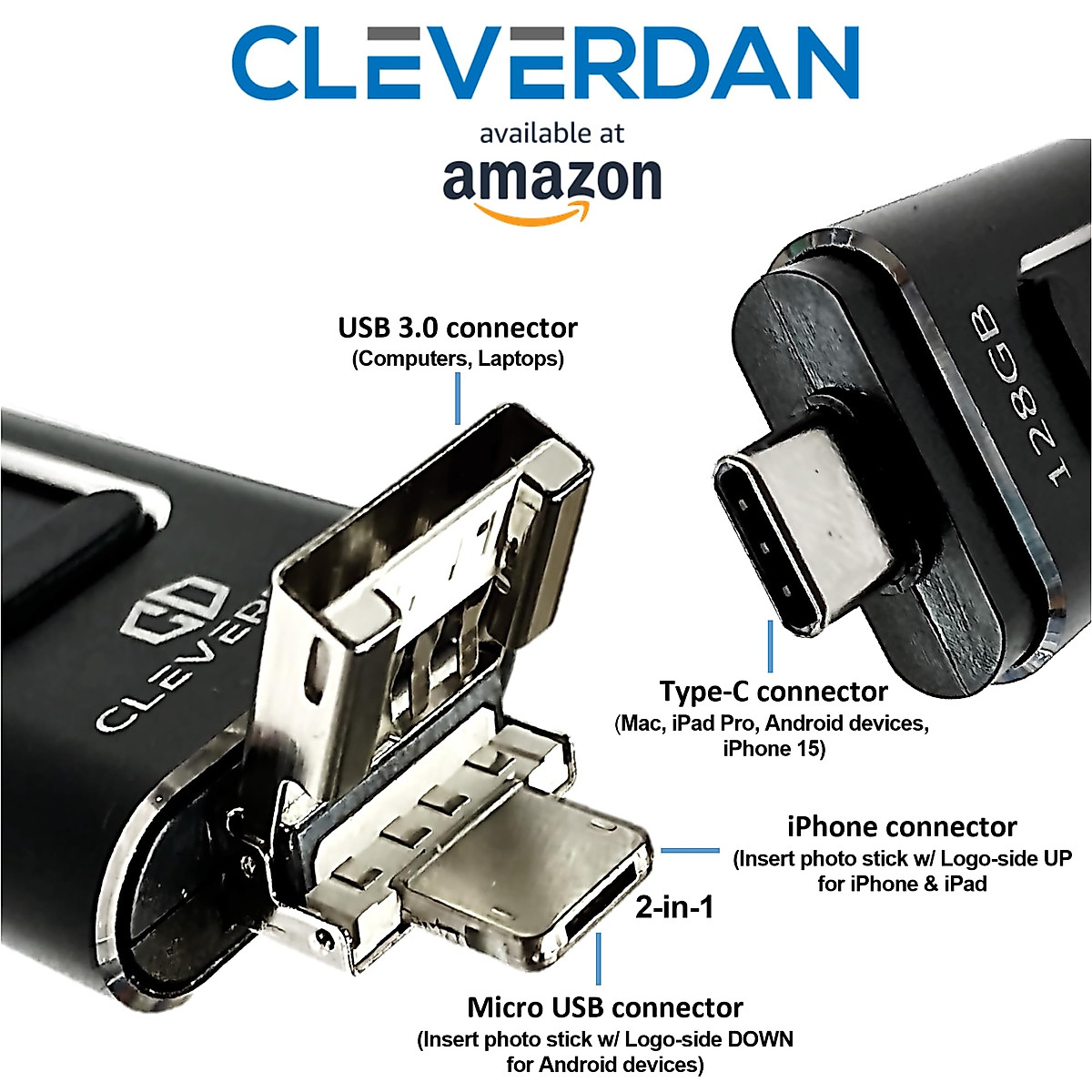 4-in-1 Android and iPhone 128GB Photo Stick USB 3.0 Flash Drive - Compatible with All Your Devices! iPhone iPad Samsung Pixel LG PC Mac (Easy Backup & External Storage + Certified iOS App) Cleverdan