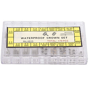 Watch Crown and Stem Set, Stainless Steel Watch Crown Spring Spare Parts Assorted Kit Watch Repair Tool Replacement Accessories with Storage Box, for Watchmaker Watch Repairing