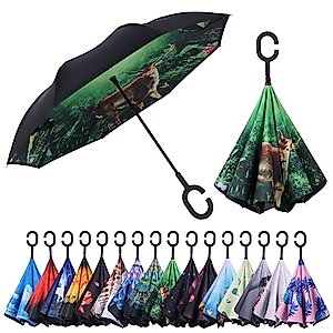 Wxjiahetai Inverted Reverse Umbrella with C-shaped Handle Windproof Upside Down Umbrellas for Rain Double Layer Hands Free Umbrella for Women and Men (Forest Elk)