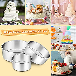 P&P CHEF Cake Pan Set of 3-6 inch + 8 inch + 9½ inch, Stainless Steel Round Baking Pans, Birthday Wedding Layer Cake Pans Tins, Fit Oven/Pots/Pressure Cooker, 3-inch Straight Side, Dishwasher Safe