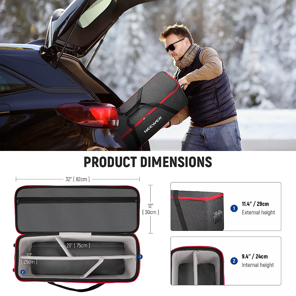 Neewer Trolley Case for Photo Studio Equipment, 30"x11"x11"/77x28x27cm, Tripod Rolling Bag with Wheels/Straps/Padded Compartment/Handle for Light Stands, Strobes, Photography Accessories, PB005