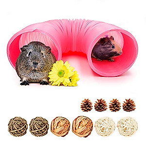 Small Animal Play Tunnel with 6 Pack Activity Play Balls, Collapsible Plastic Pet Hideaway Fun Tunnel Toy Guinea Pigs Tube for Chinchillas Rats Gerbils Hamsters and Dwarf Rabbits(Pink+6 Balls)