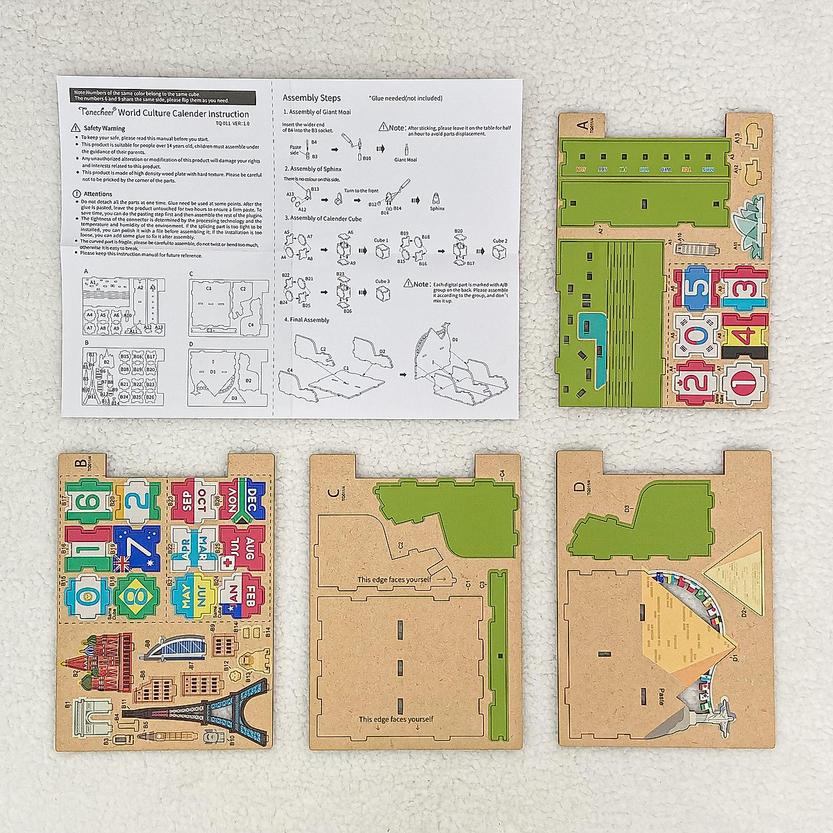 Tonecheer 3D DIY Wooden Yearly Calender, Creative Desk Calender, 3D Puzzle Decorative Calendar, Small Desk Calendar, Table Calendar (World Culture Calendar)