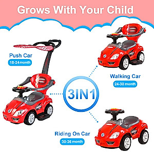 ChromeWheels 3 in 1 Ride on Toys Pushing Car with Removable Sun Visor, Mega Car for Toddlers w/Handle & Horn & Music, Color Red