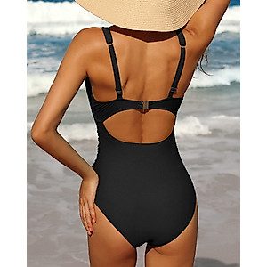 Charmo Womens One Piece Swimsuit Ruched Tummy Control High Cut Backless V Neck Bathing Suits Swimwear Black Large