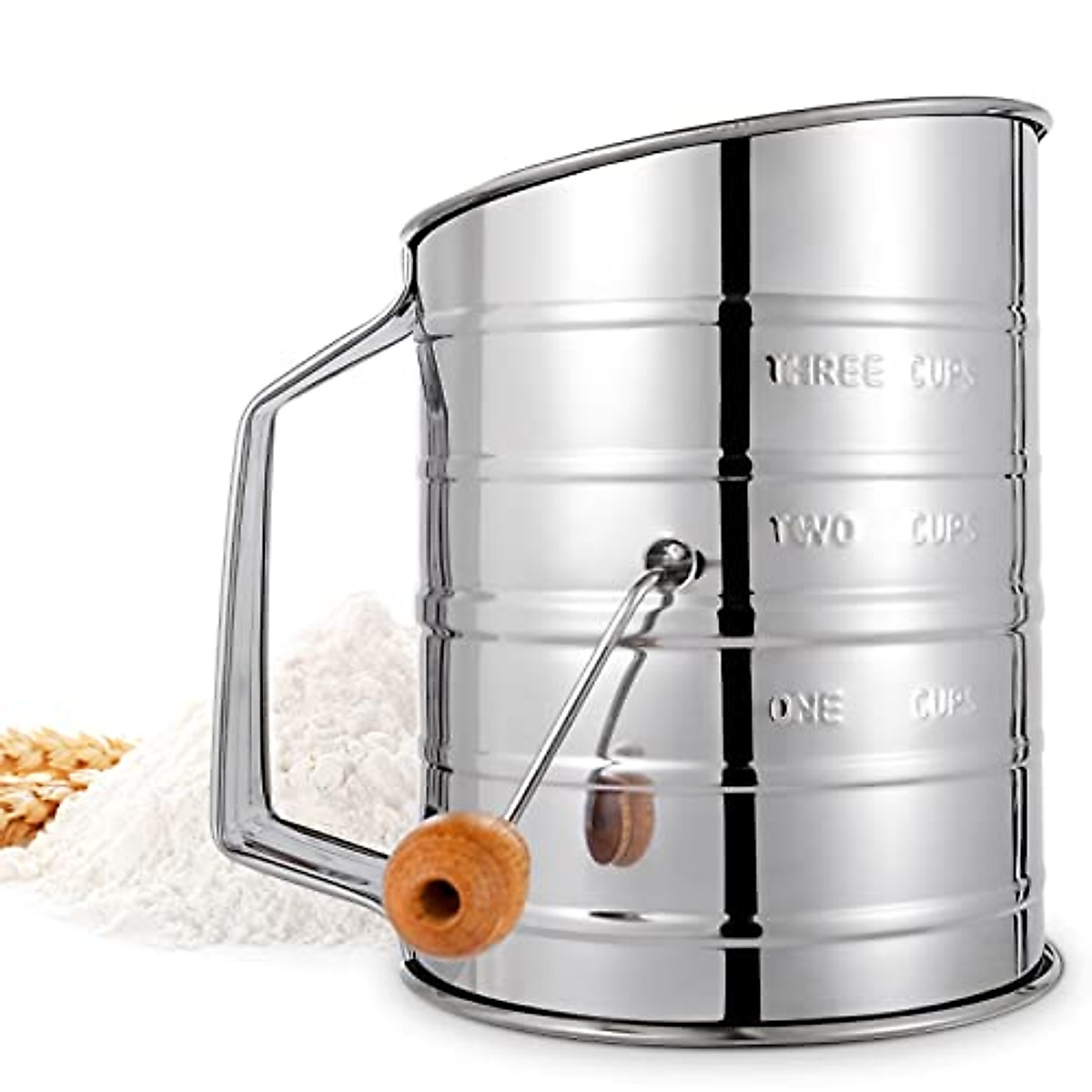 Flour Sifter, 3 Cup Flour Sifter for Baking Fine Mesh Rotary Hand Crank with Loop Agitator for Quick Sifting, Flour Sifter Stainlees Steel, Crank Sifter Flour for Baking Cakes and Spices Toresano