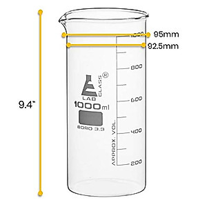 Beaker, 1000mL - Tall Form with Spout - White, 100mL Graduations - Borosilicate 3.3 Glass - Eisco Labs