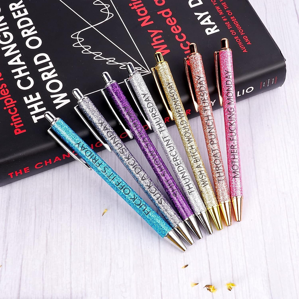 Jxueych 7pcs Funny Pens, Seven Days of The Week Pen Describing Mentality, Vibrant Negative Passive Pens Gift for Colleague Co-Worker, Black Ink 1.0 mm