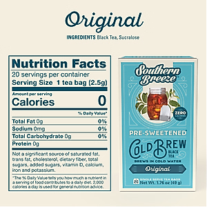 Southern Breeze Cold Brew Sweet Tea Original Iced Tea with Black Tea and Zero Carbs Zero Sugar, 20 Individually Wrapped Tea Bags, Pack of 4