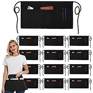 DUSKCOVE 12 Pack Server Aprons with 3 Pockets - Waitress Aprons for Women Men Water Resistant Half Aprons with Added Long Waist Strap