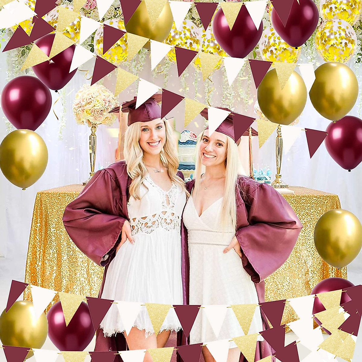 Maroon Gold Graduation Party Decorations 2023/Burgundy Gold Graduation Decorations/Maroon Grad/Birthday Party Decorations for Women White Burgundy Gold/4pcs Triangle Bunting Banners