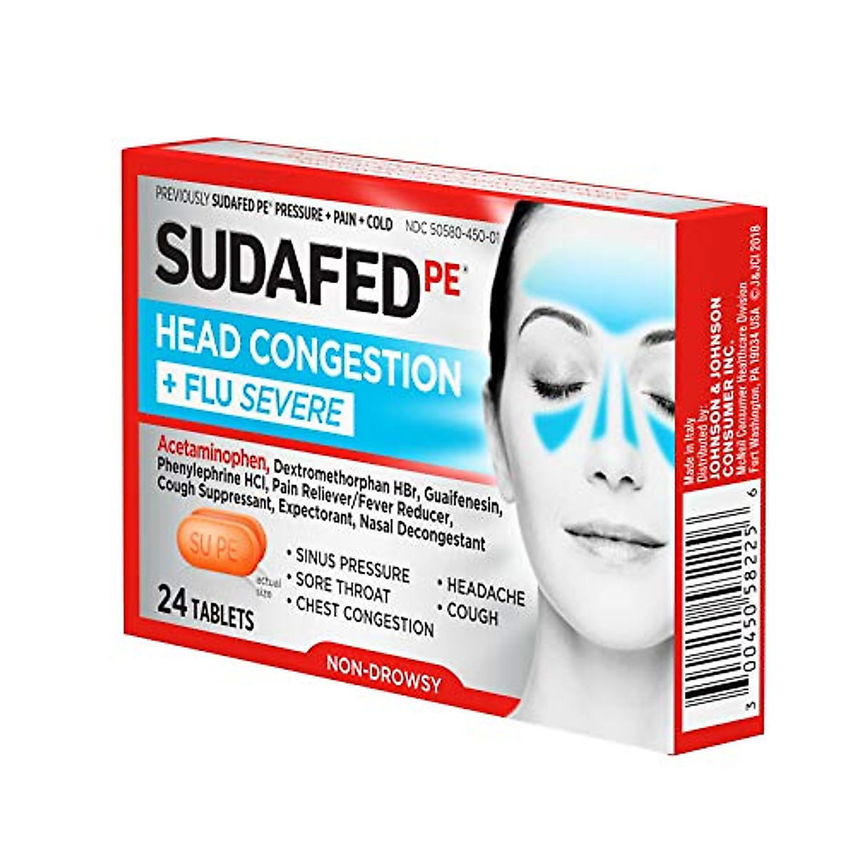 Sudafed PE Head Congestion + Flu Severe Decongestant Tablets for Adults, 24 ct