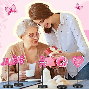 DoubleFill 6 Pcs Breast Cancer Awareness Decorations Standing Table Centerpieces Pink Ribbon Wooden Table Signs Fight Breast Cancer Party Supplies Pink Breast Cancer Decor for Charity Survivor Favors