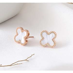 Four Leaf Clover Earrings for Women 18K Rose Gold Plated Stainless Steel Lucky 4 Leaf Ear Studs Jewelry Gift for Mother and Daughter (White & Rose Gold)