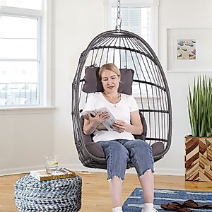Patiorama Indoor Outdoor Egg Swing Chair with Stand, Patio Grey Wicker Rattan Hanging Chair with Rope Back, Cushion,Cover,All Weather Foldable Hammock Chair for Bedroom, Porch, Garden (Dark Grey)