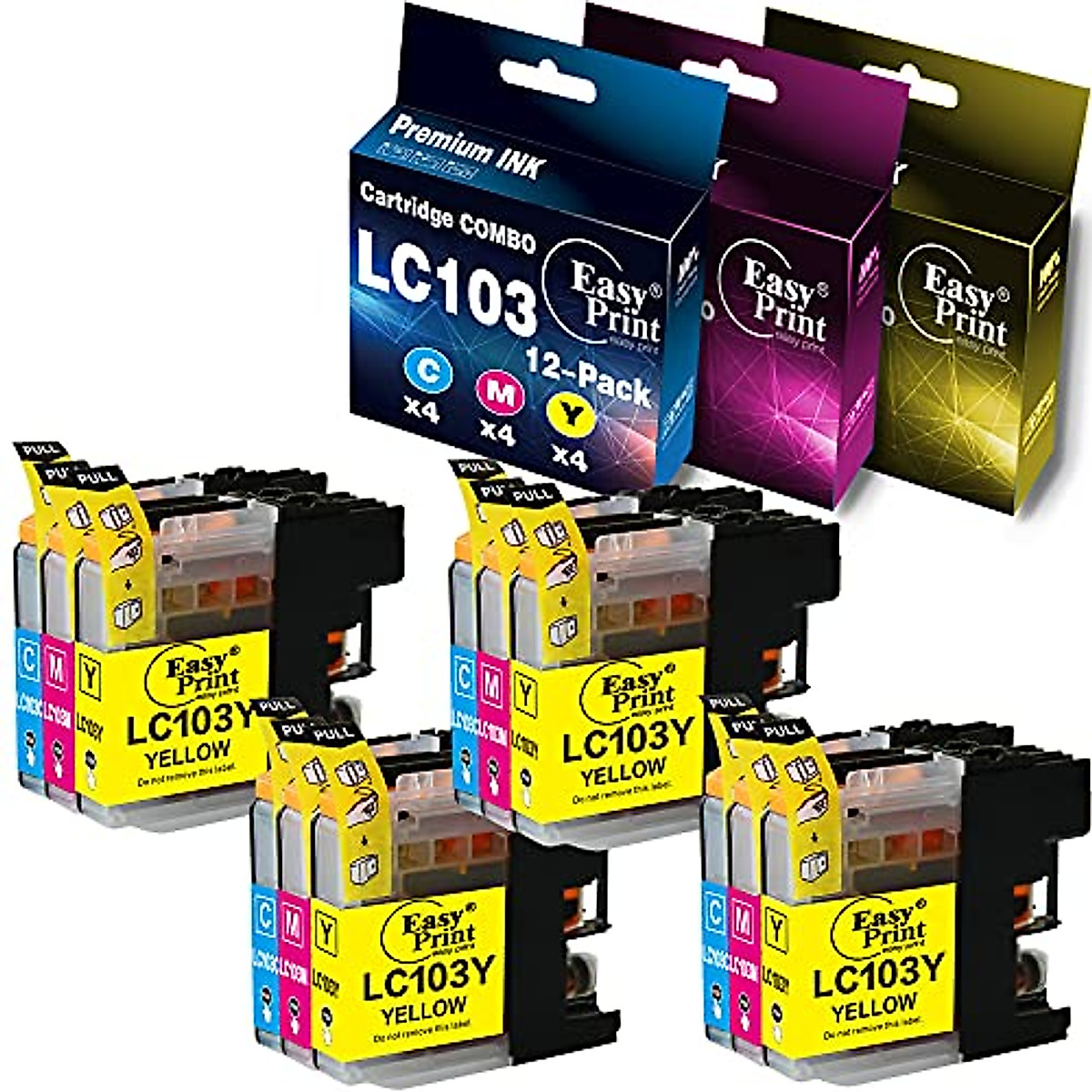 EASYPRINT Compatible LC103XL LC-103XL Ink Cartridges 103XL Used for MFC-J4410DW J4510DW J4610DW J4710DW J6520DW J6720DW J875DW J245 J450DW, ( 4X Cyan, 4X Magenta, 4X Yellow, Total 12-Pack)