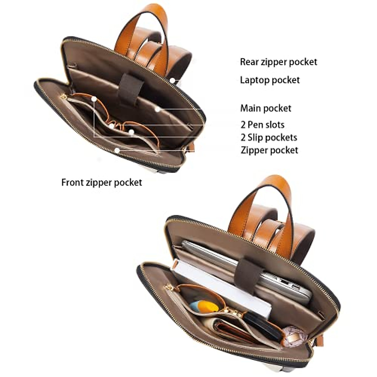 BOSTANTEN Leather Laptop Backpack for Women, 15.6 inch Computer Backpack College Business Large Daypack Work Travel Bag Beige with Black