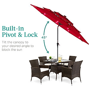 Best Choice Products 10ft 3-Tier Solar Patio Umbrella, Outdoor Market Sun Shade for Backyard, Deck, Poolside w/ 24 LED Lights, Tilt Adjustment, Easy Crank, 8 Ribs - Red