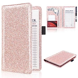 ACdream Server Books for Waitress, Guest Book Note Pad, Cute Pocket Leather Money Organizer Wallet, Cash Check Bill Receipt Holder Presenter, Waiter Accessories Fit Server Apron- Glitter Rose