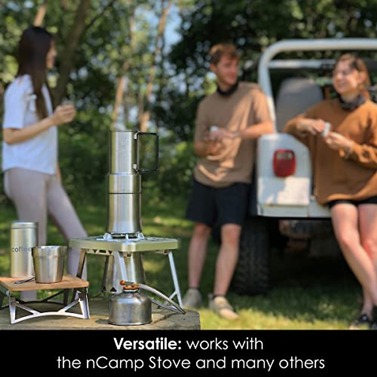 nCamp - Café, Portable Coffee Maker, Portable Espresso Machine, Compact Camping Coffee Maker, Stainless Steel Travel Coffee Maker with Camping Coffee Cup, Reusable, 12 oz