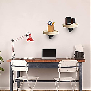 Round Oak Solid Wood Rustic Floating Shelves, Deep Wall Hanging Shelf with Metal Industrial Pipe Brackets, 7.1 inches Diameter. Room Home Décor, Kitchen, Bedroom, Bathroom Storage (2 Pack)