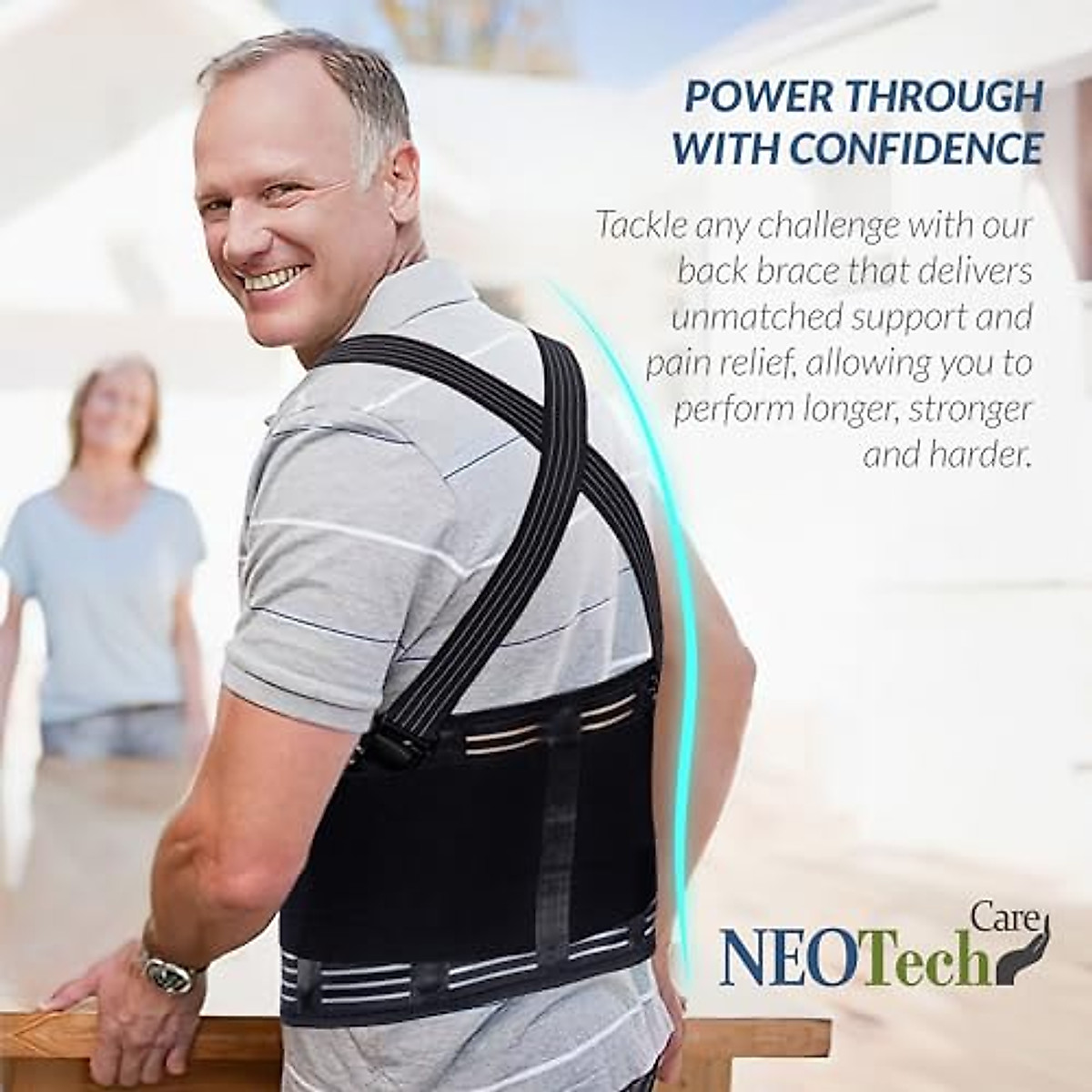 NeoTech Care Adjustable Back Brace Lumbar Support Belt with Suspenders, Charcoal Color, Size XL