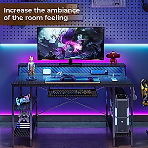 Rolanstar Computer Desk with LED Lights & Power Outlets, 55” Gaming Desk with Storage Shelves, Home Office Desk with Keyboard Tray & Monitor Stand, with Hooks, Carbon Fiber Surface Black