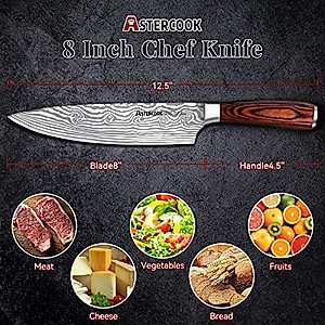 Astercook Chef Knife, 8 Inch Professional Kitchen Knife, German High Carbon Stainless Steel Ultra Sharp Knife, Chefs Knives with Ergonomic Handle and Gift Box