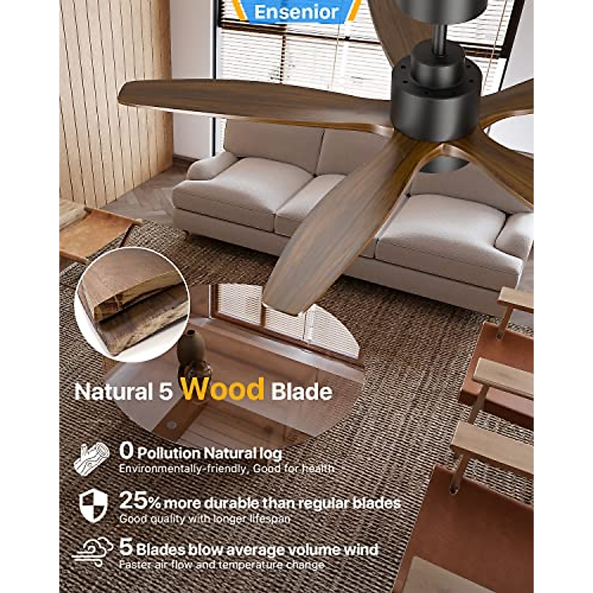 Ensenior 52” Ceiling Fan with Light Remote Control, 5CCT selectable, Dimmable, 1000 Lumens, 15W LED, 5 Wood Blades and Reversible DC Motor, for Bedroom and Living Room, Black, (338)