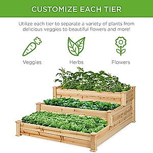 Best Choice Products 3-Tier Fir Wood Raised Garden Bed Planter Kit for Plants, Herbs, Vegetables, Outdoor Gardening w/Stackable & Flat Arrangement, Easy Assembly - Natural