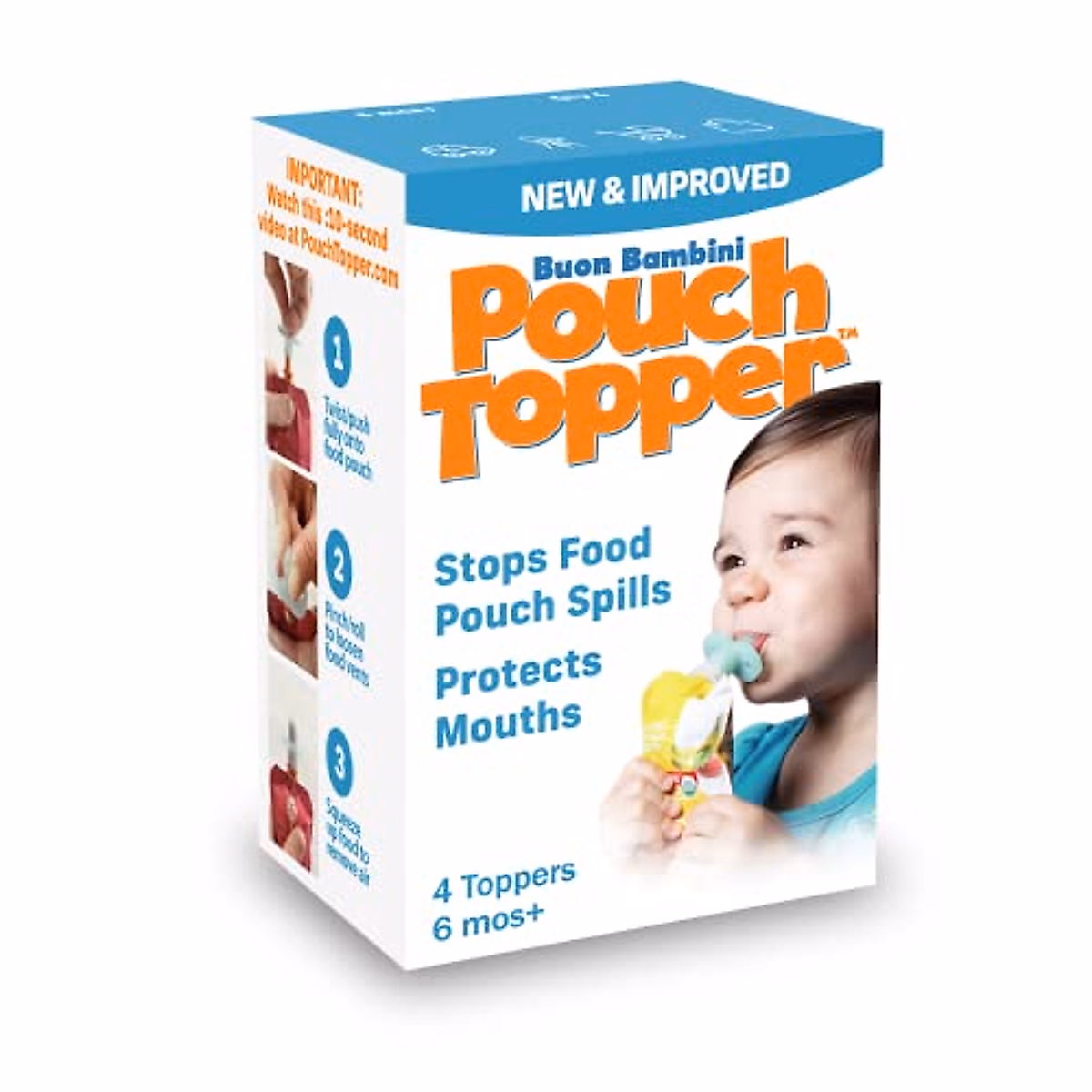 Buon Bambini Soft Sip Baby Food Pouch Toppers, 100% Silicone, Aqua/Blue, 4 Pack, Ideal for Homemade/chunkier Baby Foods