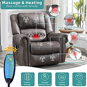 MEETWARM Massage Swivel Rocker Recliner with Heat and Vibration, Manual Glider Rocking Recliner Chair, 360°Swivel Lounge Reclining Chair with Remote Control/USB Ports for Living Room(Gray)