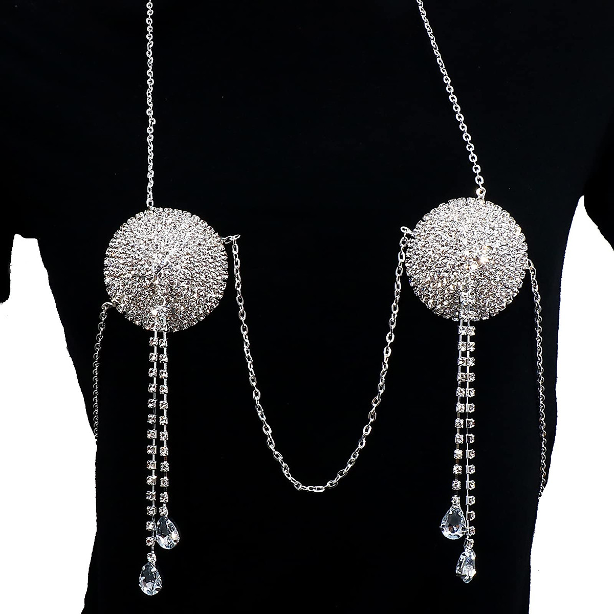 Rhinestone Bra Body Chain Nipple Pasties with Chest Chain Rhinestone Nipple Cover Stickers Tassel Crystal Nipple Cover Chain Rave Festival Bra Chain Jewelry for Women (Silver)