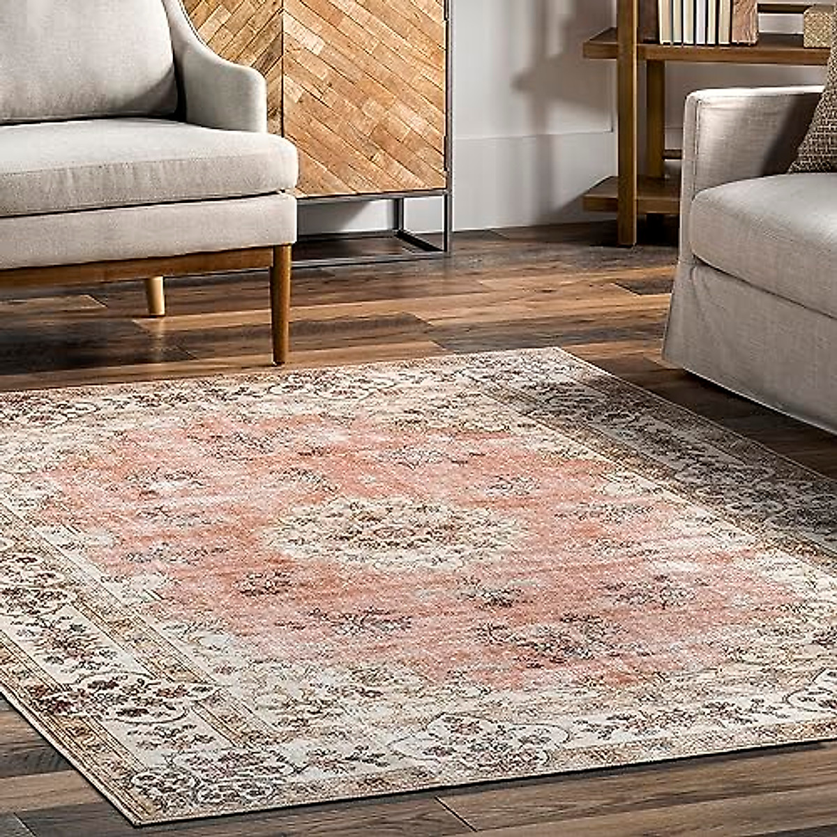 nuLOOM Ren Vintage Floral Machine Washable Ultra Thin Area Rug, 4x6, Peach