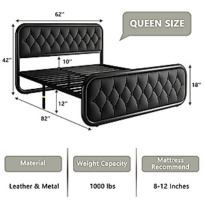 Feonase Queen Bed Frame with Rhombus Button Tufted, Oval-Shaped Metal Platform Bed with Faux Leather Headboard, Strong Slats Support, 12" Under-Bed Storage, Noise-Free, Easy Assembly, Black