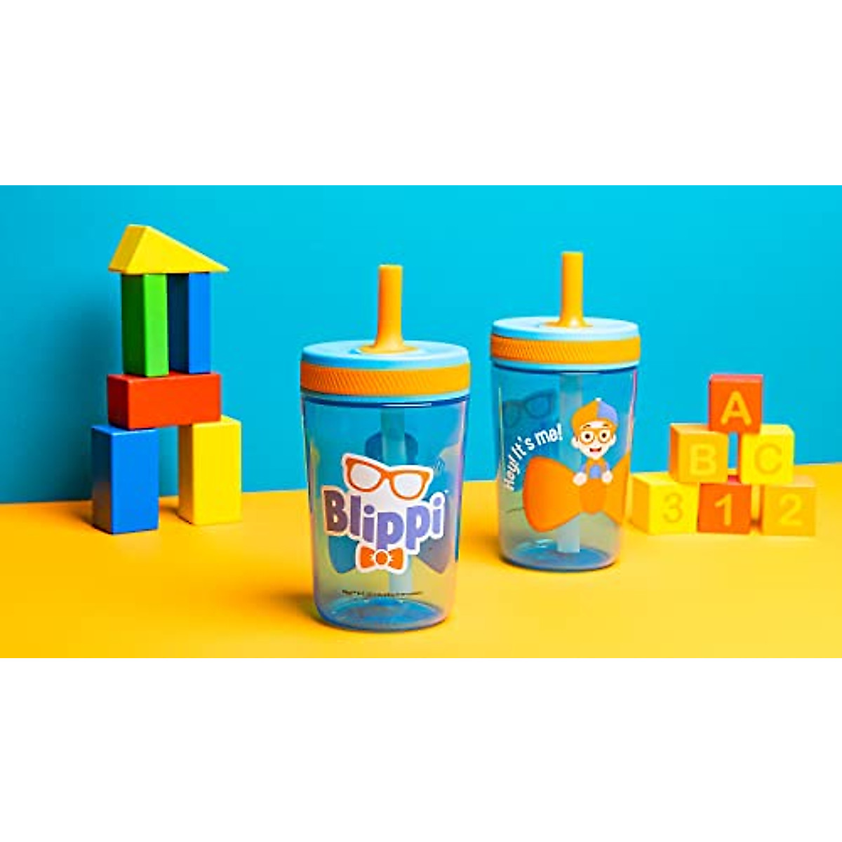 Zak Designs Blippi Kelso Toddler Cups For Travel or At Home, 15oz 2-Pack Durable Plastic Sippy Cups With Leak-Proof Design is Perfect For Kids (Blippi)