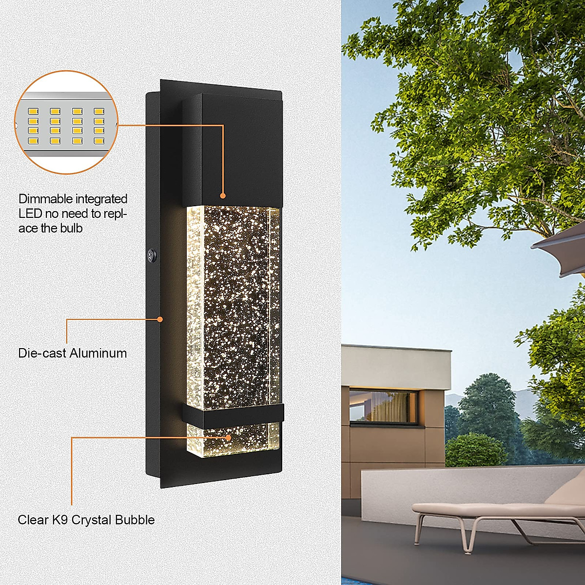 PARTPHONER Modern Wall Sconce, LED Wall Light with Crystal Bubble Glass Modern Porch Light Outdoor Indoor Wall Fixture 12W Lumen 3000K for Doorway Garden Hallway Patio Living Room, 2 Pack