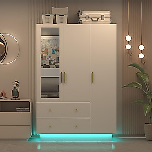 jiteentarou 3 Door Wardrobe Closet with Mirror & LED Lights, Bedroom Armoire with Drawers & Shelves, Modern Wooden Armoire Wardrobe Closet with Hanging Rod for Bedroom, White