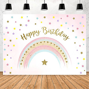 MAYSSKQ Rainbow Birthday Backdrop Colorful Pastel Rainbow Party Background Rainbow of Fun Gold Stars Sprinkle Girl Birthday Backdrops Decorations (7x5ft)