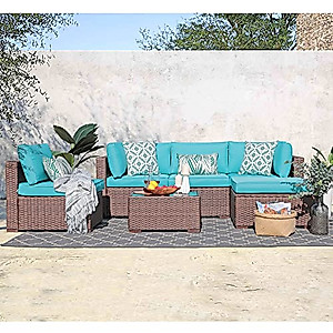 OC Orange-Casual 2 Piece Patio Wicker Armless Chair Outdoor Sofa Couch, Loveseat for Sectional Furniture Sets, Brown Wicker & Turquoise Cushion
