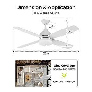 JACKYLED 52 Inch Ceiling Fan with Light Remote Control, 6 Fan Speeds & 3-Color Dimmable Light, Quiet Reversible DC Motor, LED Ceiling Fan Light for Bedroom, Living Room, White/Lightwood Blades