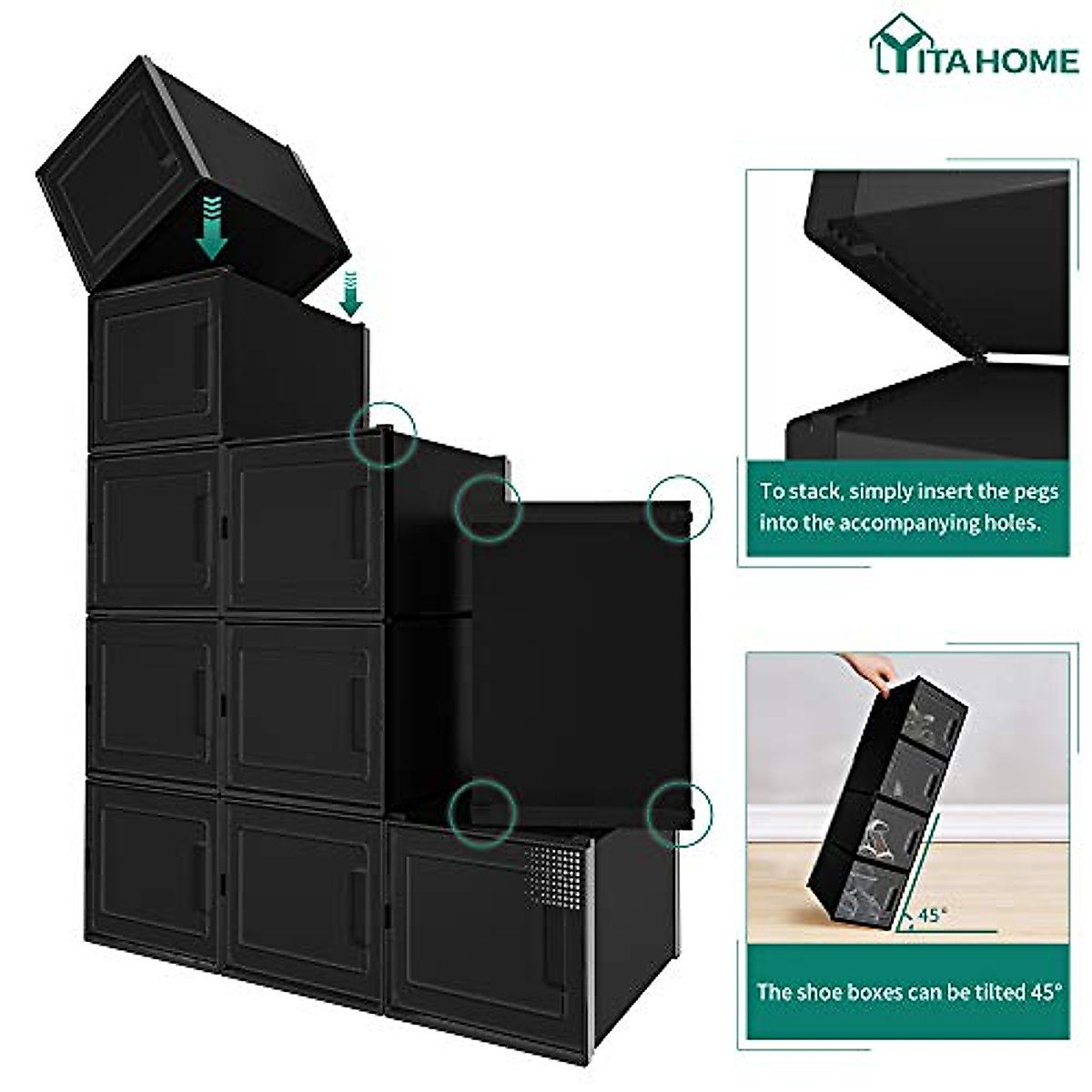 YITAHOME Shoe Storage Box, Set of 6 Shoe Storage Organizers Stackable Shoe Storage Box Rack Clear Drawer-Black