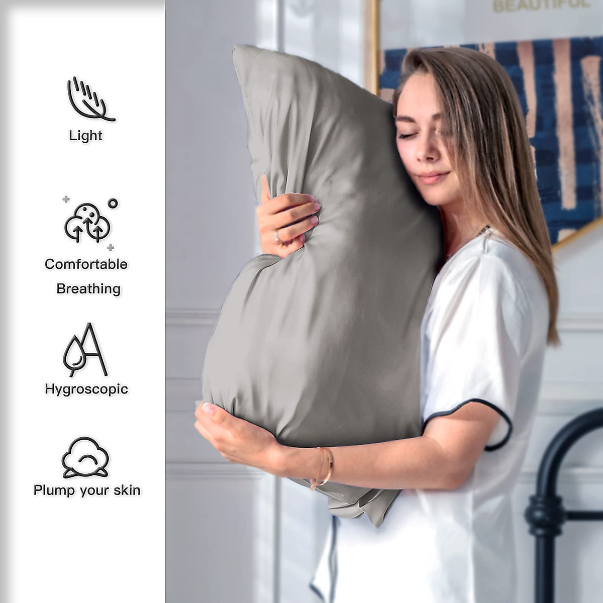 Natural Mulberry Silk Pillowcase with Hidden Zipper for Hair and Skin Standard Size 20"X 26" Soft Breathable Smooth Cooling Pillow Covers for Sleeping(Gray,1Pcs)