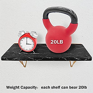 Black Floating Shelves, Wood Wall Mounted Floating Boards, Marbling Wall Shelves with Metal Brackets for Bedroom, Bathroom, Living Room, Kitchen, Laundry Room, Floating Shelves for Wall Decor Set of 2