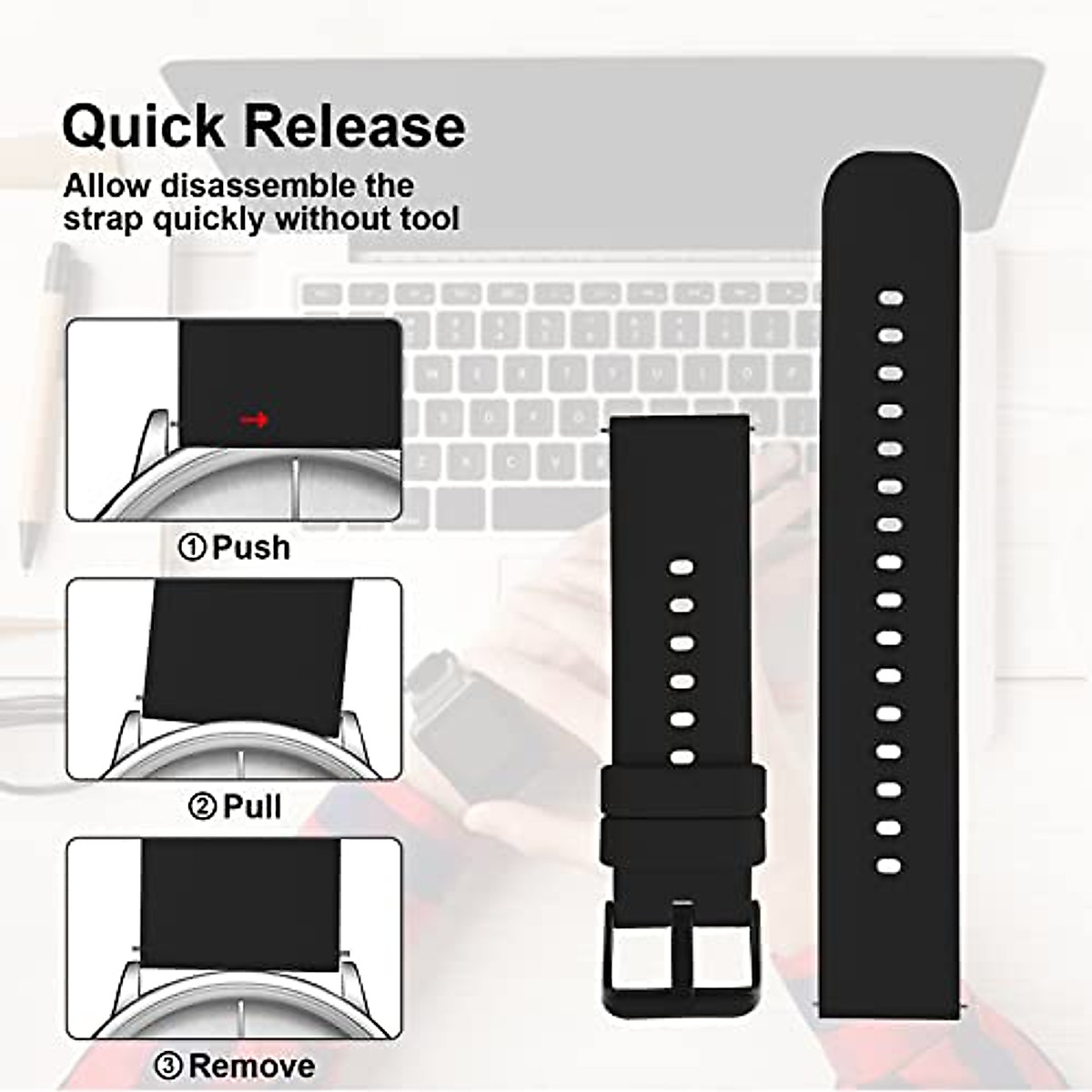 TIESOME Silicone Watch Bands, Quick Release Waterproof Soft Rubber Replacement Straps with Silver Plated Stainless Steel Buckle Compatible with Smart Watch Sport Watch for Men Women (22mm, Black)