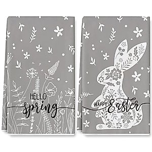 AnyDesign Easter Spring Kitchen Towel Gray Farmhouse Easter Bunny Rabbit Floral Dish Towel 18 x 28 Inch Rustic Hand Drying Tea Towel for Cooking Baking Cleaning Wipes, Set of 2