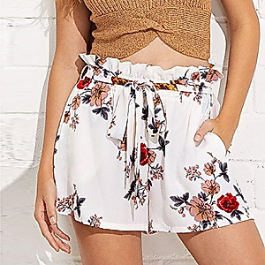Fashion Beach Shorts ,THENLIAN Women Print Casual Belt Loose Hot Pants Lady Summer Shorts (L, White)