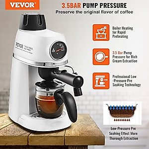 VEVOR Espresso Machine, 3.5 Bar Espresso Maker with Milk Frother Steam Wand, 4-Cup Professional Coffee/Espresso Machine with Temp Gauge for Latte Cappuccino, NTC Control System