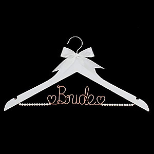 Ella Celebration Bride to Be Wedding Dress Hanger Wooden and Wire Hangers for Brides Gowns, Dresses (White with Rose Gold Wire and Pearls)