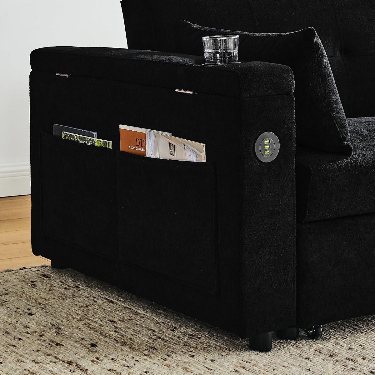 Linique 54'' Convertible Pull-Out Sleeper Sofa Bed with USB Power Outlet, Chenille Upholstered Sleeper Sofabed with Adjustable Backrest/Side Pockets/Cup Holders/Lumbar Pillows (Black)